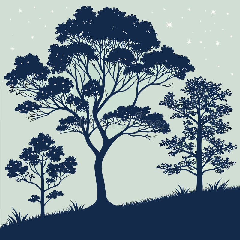 Three Silhouetted Trees Stand on a Sloped Landscape Against a Light Sky ...