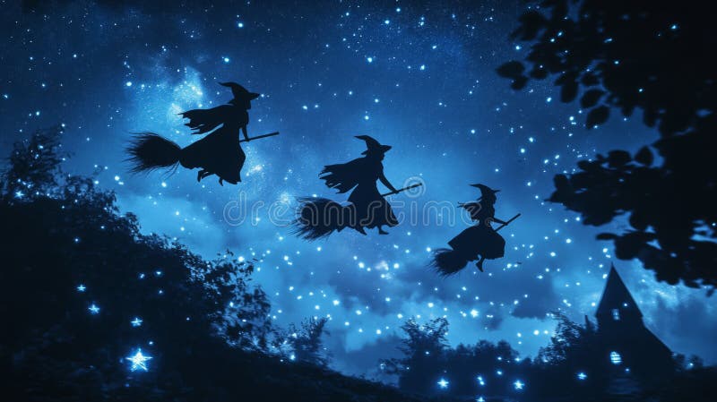 Three Silhouetted Witches Flying on Broomsticks Against a Starry Night ... Three Silhouetted Witches Flying on Broomsticks Against a Starry Night ...