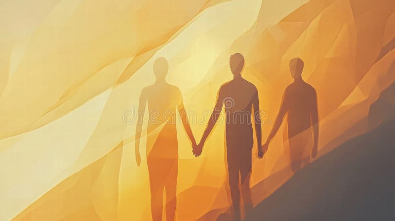 Silhouettes of Three People Holding Hands Against an Abstract Sunset ...