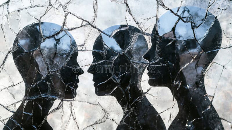 Three Silhouettes Reflected in Broken Glass Stock Illustration ...