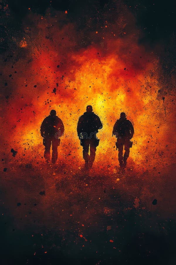 Three Silhouettes of Soldiers Walking through an Explosion in a ...