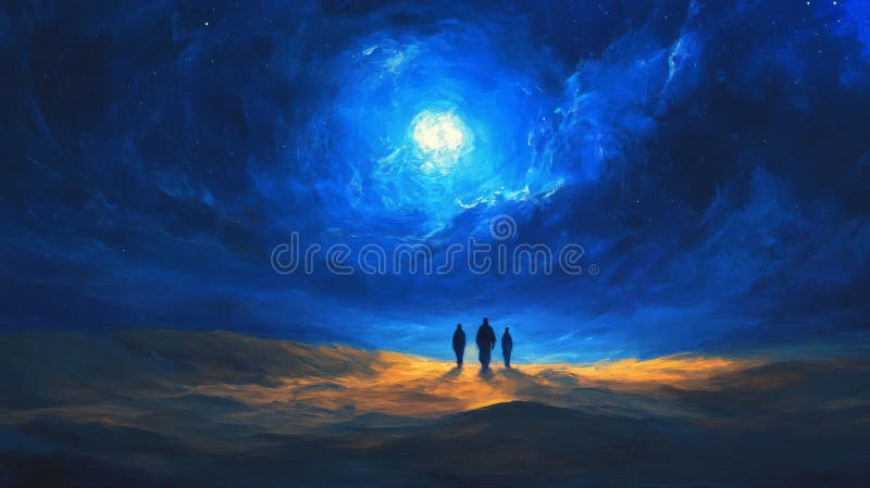 Three Silhouettes Walking Towards a Bright Moon in a Starry Night Sky ...