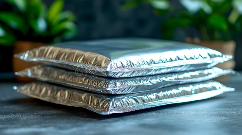 Three Silver Aluminum Bags Packaging on the Table for Food AI-Generated ...