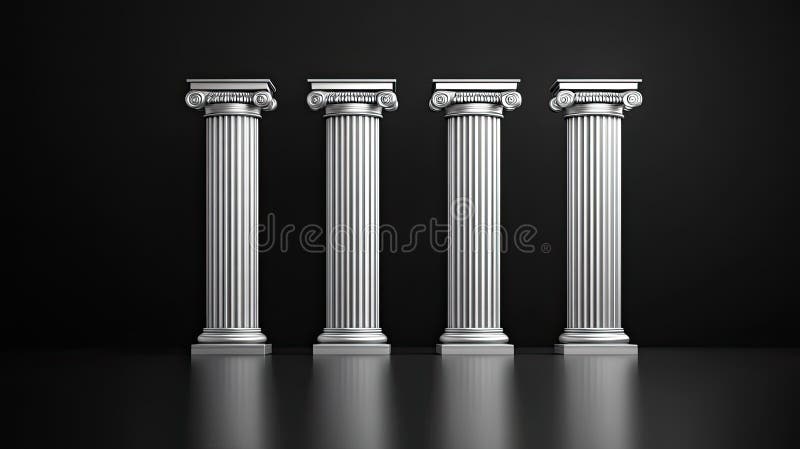 Three Silver Antique Columns Rise Elegantly Against a Bold Black ...