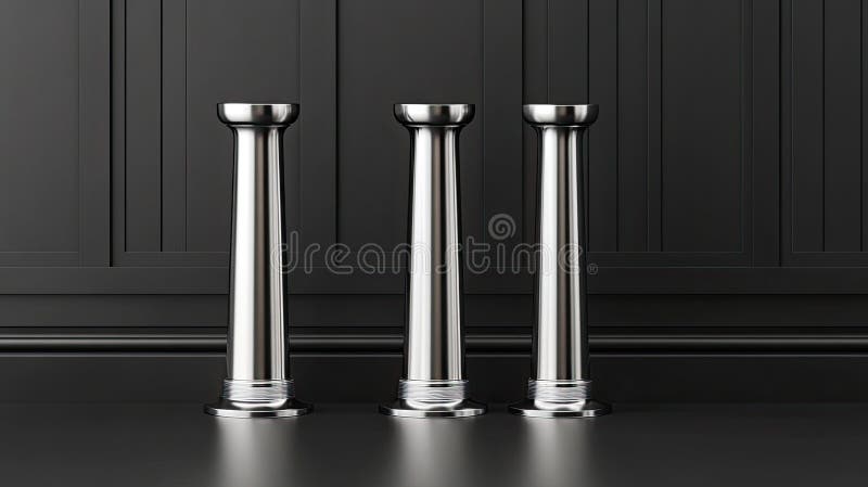 Three Silver Antique Columns Rise Elegantly Against a Bold Black ...