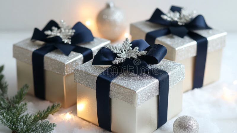 Three Silver and Blue Gift Boxes with Snowflake Ornaments on White ...