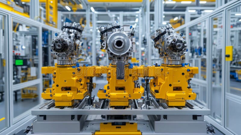 Three Silver Engines on Yellow Assembly Fixtures in a Modern Factory ...