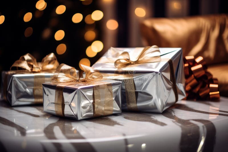 Three Silver Gift Boxes Sitting on a Table in Front of a Christmas Tree ...