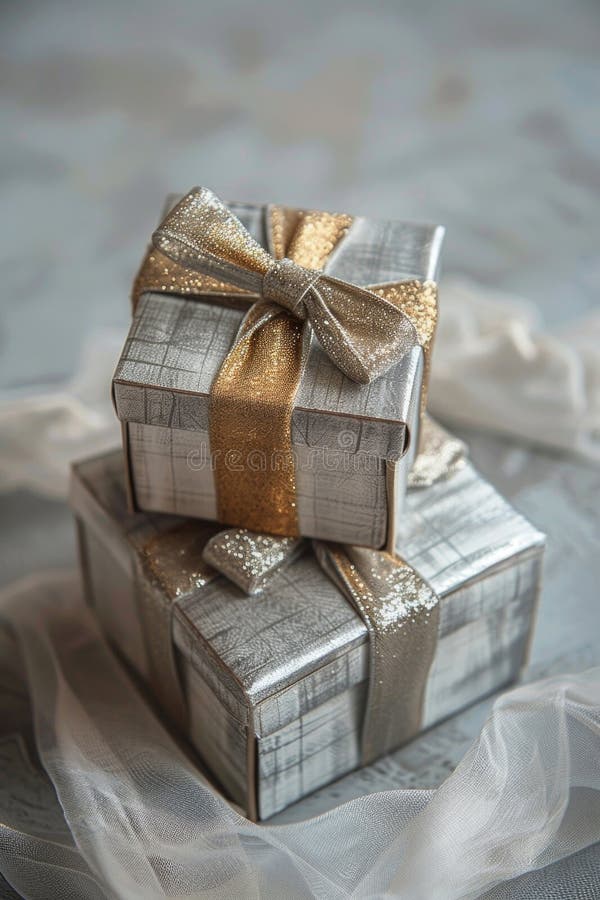 Three Silver Gift Boxes Stacked with a Gold Bow, Perfect for Holiday or ...