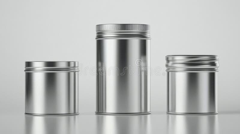 Three Silver Metal Canisters of Varying Sizes on Light Gray Background ...