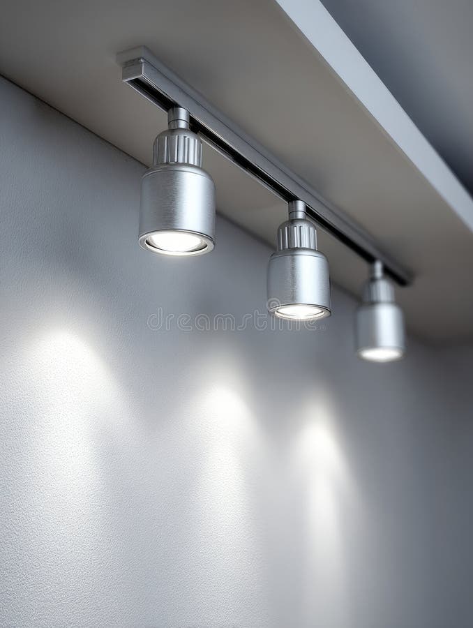 Three Silver Track Lights on Ceiling Casting Soft Glows on Wall. Stock ...