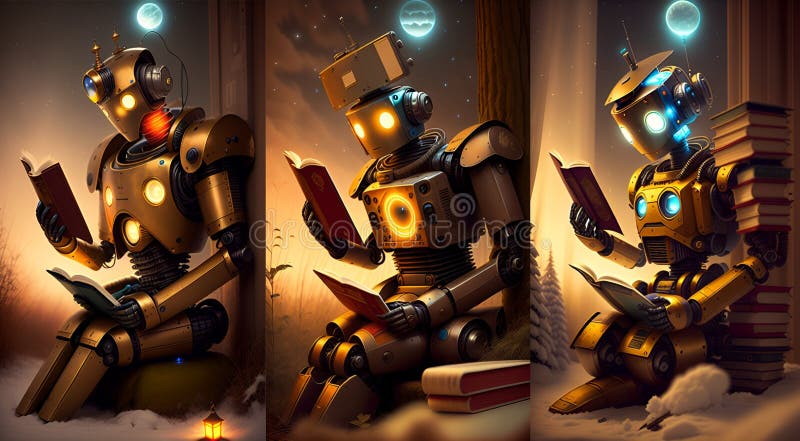 Three Similar Artificial Intelligence Robots Reading Book Illustration ... Three Similar Artificial Intelligence Robots Reading Book Illustration ...