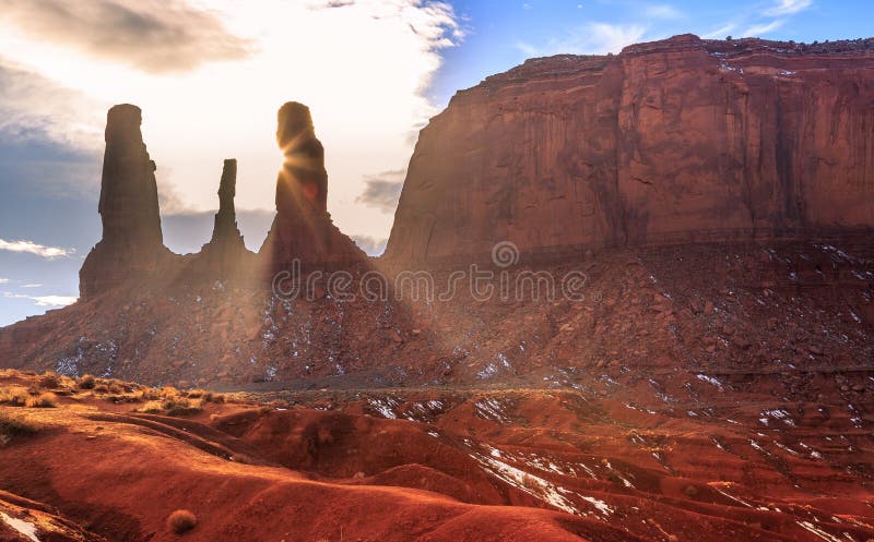 Three Sisters Sunset at Monument Valley Stock Photo - Image of america ...