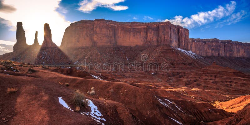 Three Sisters Sunset at Monument Valley Stock Image - Image of sand ...