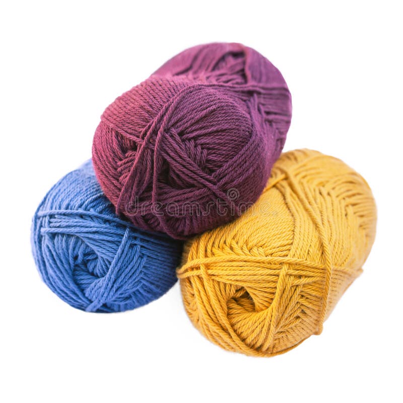 Three Skeins of Yarn - Vinous, Yellow and Blue, Isolated on White ...