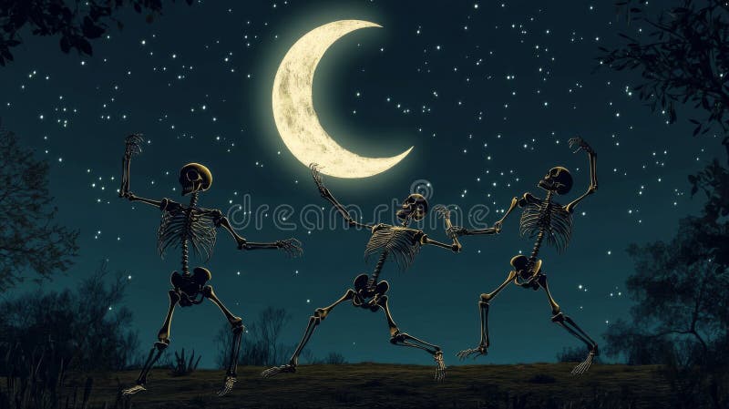 Three Skeletons Dancing Under a Crescent Moon and Starry Night Sky ...