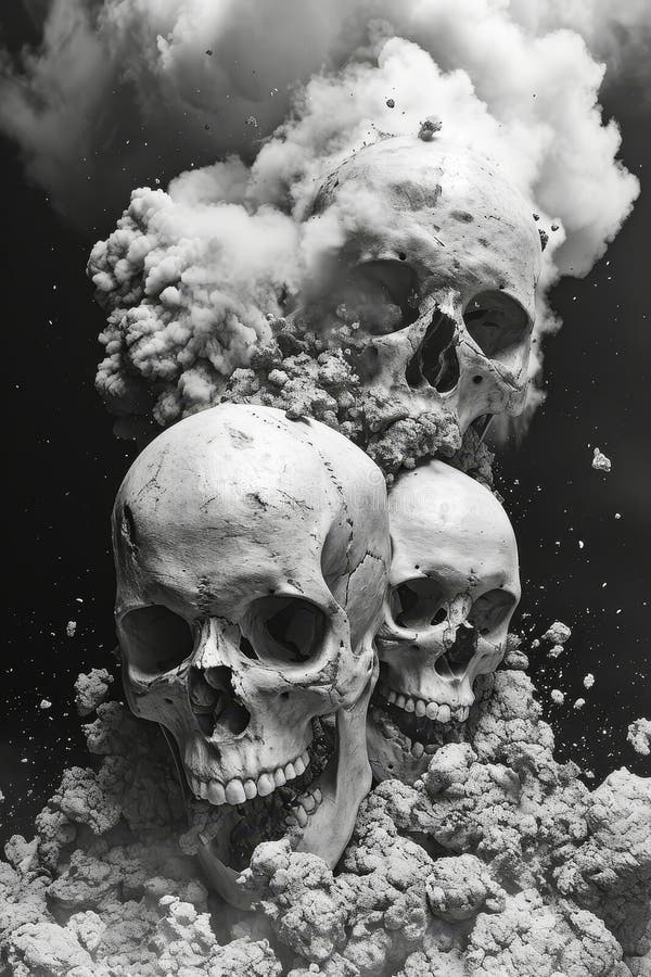 Three Skulls are Shown in Exploded View with Bone and Dust Particles ...