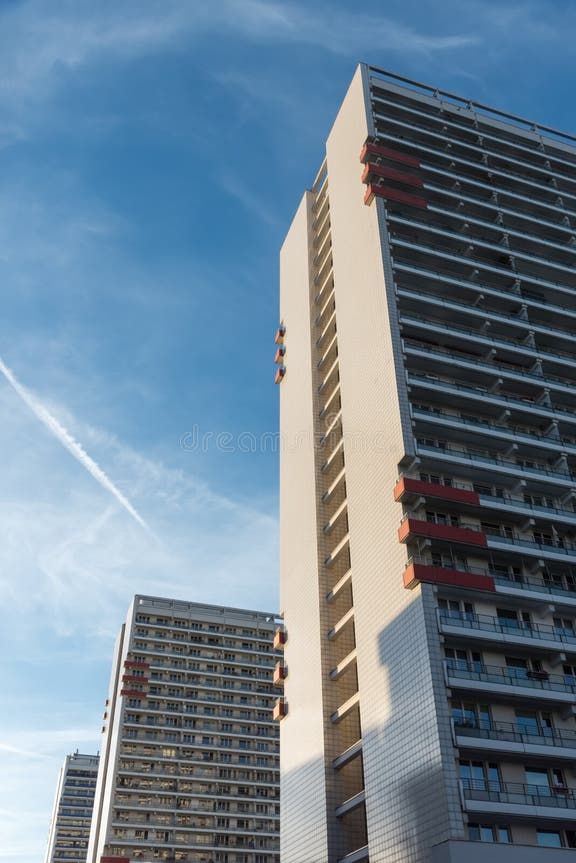 Three Skyscraper Blocks with Lights and Shadows Stock Image - Image of ...