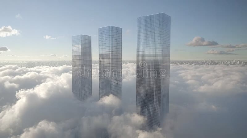 Three Skyscrapers Rise Above a Sea of Clouds Stock Illustration ...