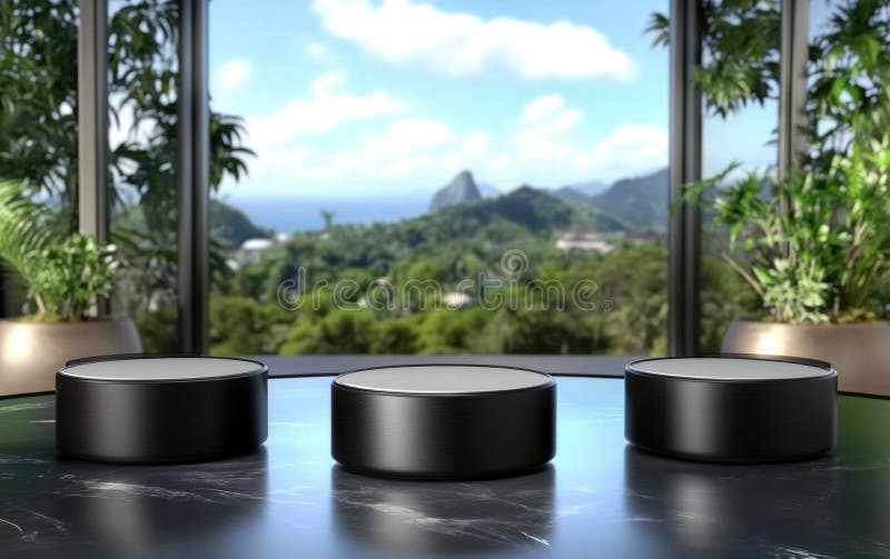 Three Sleek Black Circular Objects are Arranged on a Dark Surface, with ...