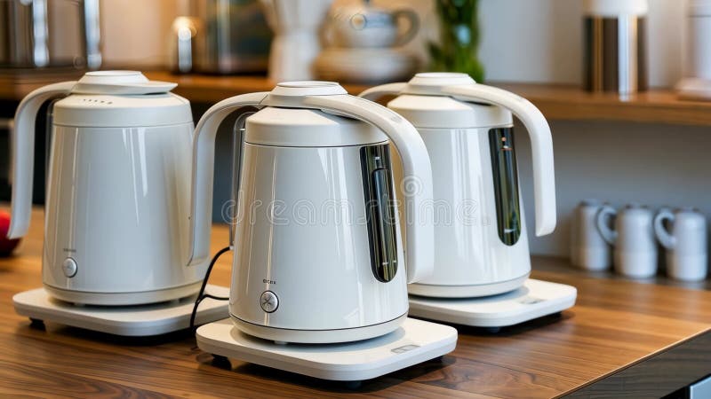 Three Sleek Electric Kettles Lined Up in a Contemporary Kitchen ...