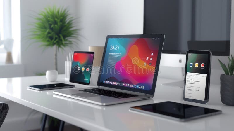 Three Sleek Laptops and Tablets with Vibrant Apps and Work Processes on ...