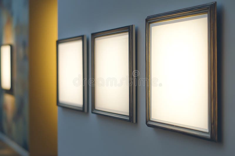 Modern Illuminated Empty Picture Frames on Grey Wall Art Gallery Mockup ...