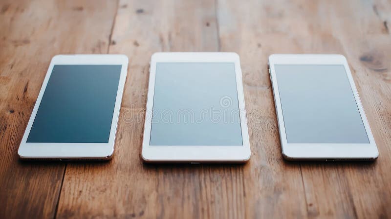 Three Sleek Tablets Arranged on a Wooden Surface, Showcasing Modern ...