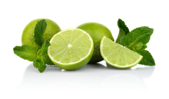 Three Sliced Limes with Mint Isolated on a White Background Stock Image ...