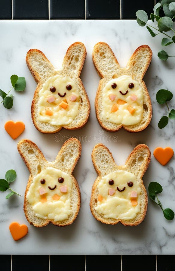 Three Slices of Bread with Cheese and Ham Shaped Like Easter Bunnies ...