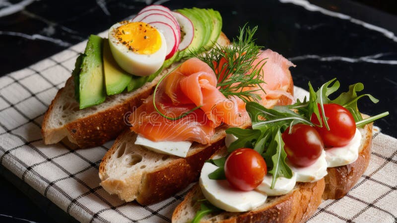 Three Slices of Bread with Different Types of Food on Them, AI Stock ...