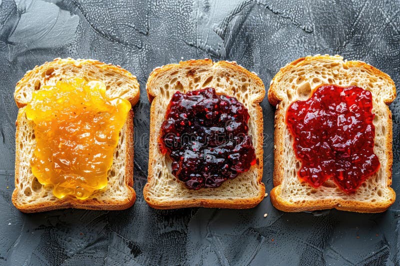 Three Slices of Bread with Jam Top View. Apple, Strawberry and Currant ...
