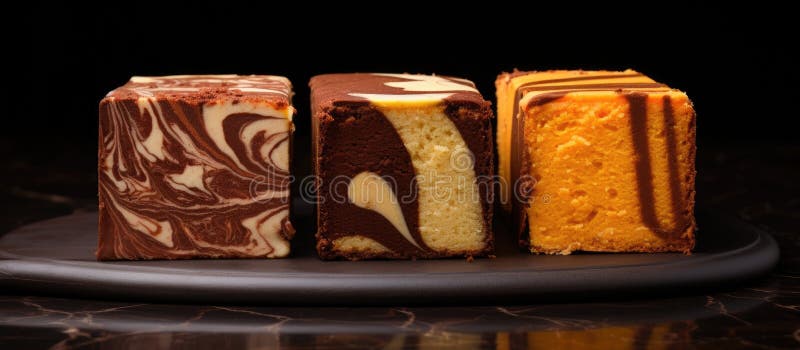 Three Slices of Cake Displayed on a Rectangular Black Plate Stock Photo ...
