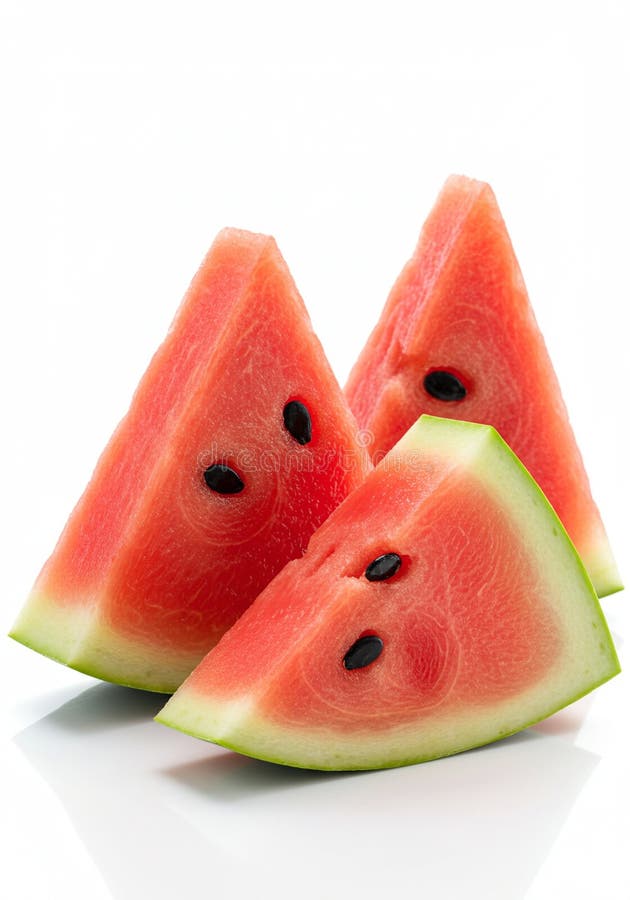 Three Slices of Juicy Red Watermelon on White Background Stock ...
