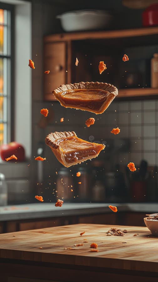 Three Slices of Pie Flying Above a Kitchen Counter. Stock Image - Image ...