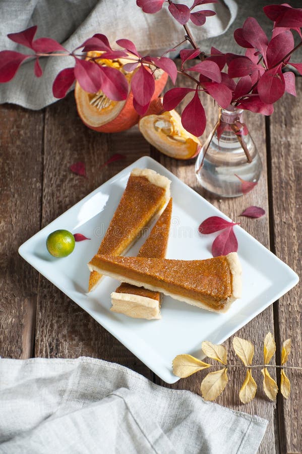 Three Slices of Pumpkin Pie on a White Plate. Stock Image - Image of ...