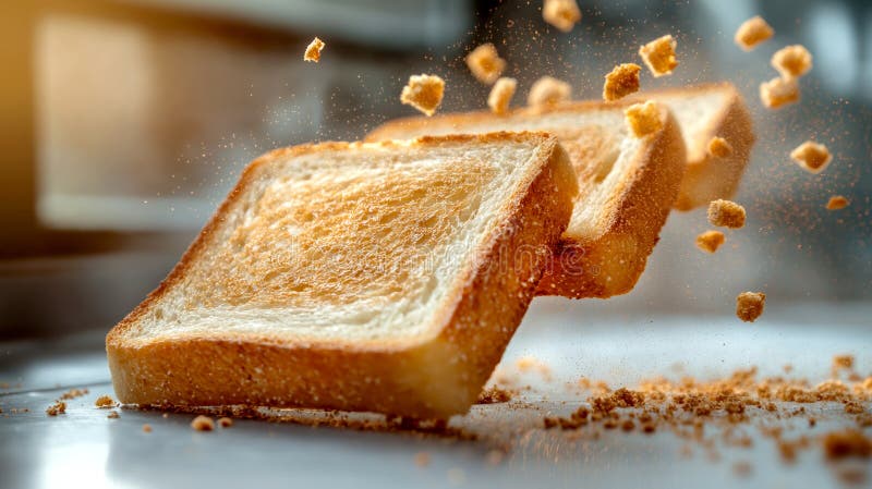 Three Slices of Toasted Bread Flying through the Air with Crumbs ...