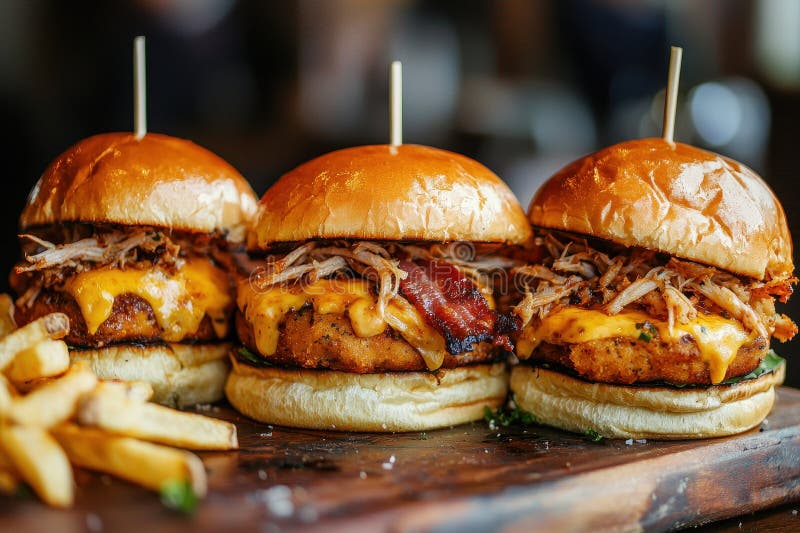 Three Sliders with Cheese and Bacon, Pulled Pork Served on Buns, with a ...