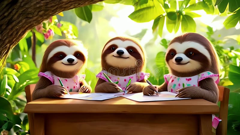 Three Sloth Characters Drawing at a Table in Jungle Setting with Lush ...
