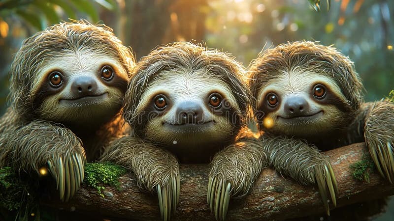 Three Sloths Smile while Resting on a Tree Branch Surrounded by Vibrant ...