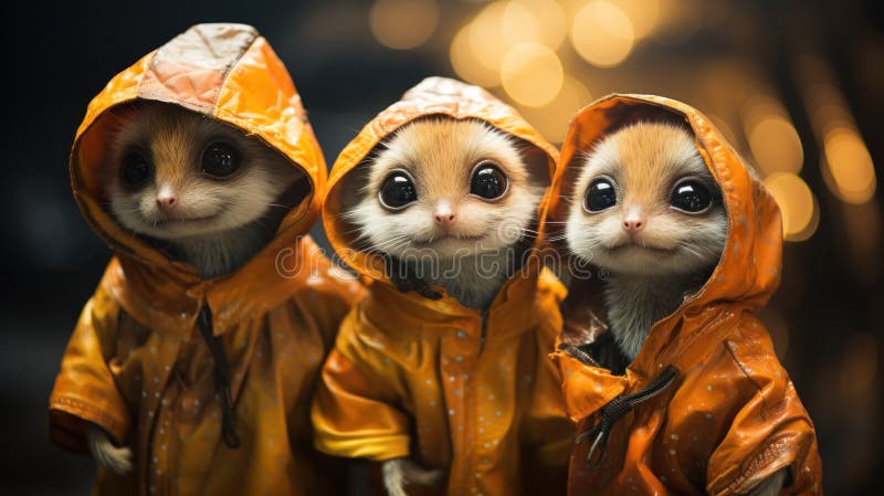 Three Small Animals Wearing Orange Raincoats and Hoods, AI Stock Photo ...