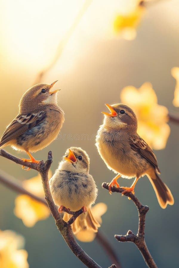 Three Small Birds Perched on a Branch, Possibly in a Garden or Park ...