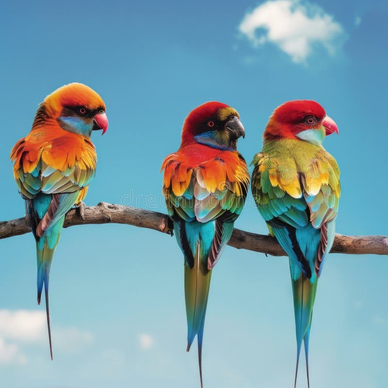 Three Small Birds Sit on a Branch, Showcasing Their Vibrant Plumage ...