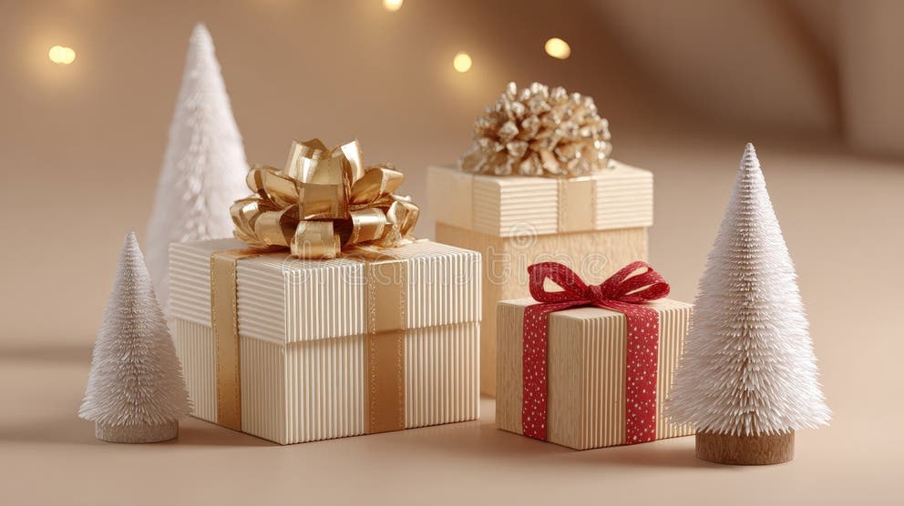 Three Small Decorated Christmas Trees with Three Wrapped Gift Boxes ...