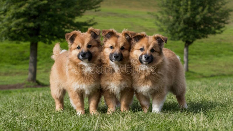 Three Small Dogs Standing in a Field of Grass with Trees Behind Them ...