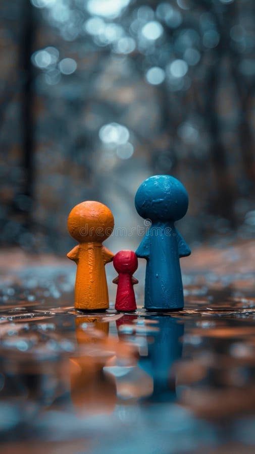 Three Small Family Figures Standing in a Puddle of Water, AI Stock ...