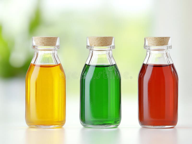 Three Small Glass Bottles Yellow Green Red Liquid Solutions in ...