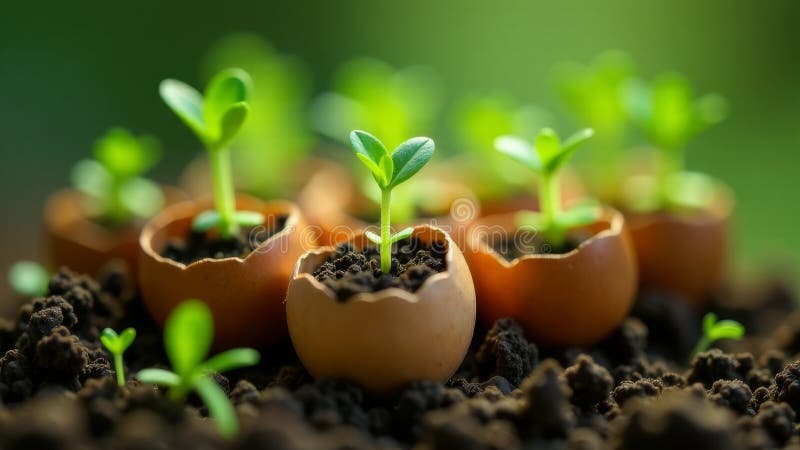 Three Small Green Seedlings Sprouting from Eggshells Filled with Soil ...