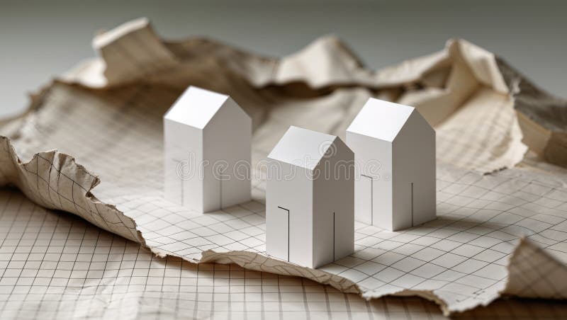 Three Small Houses are on a Piece of Paper with a Graph Stock Photo ...