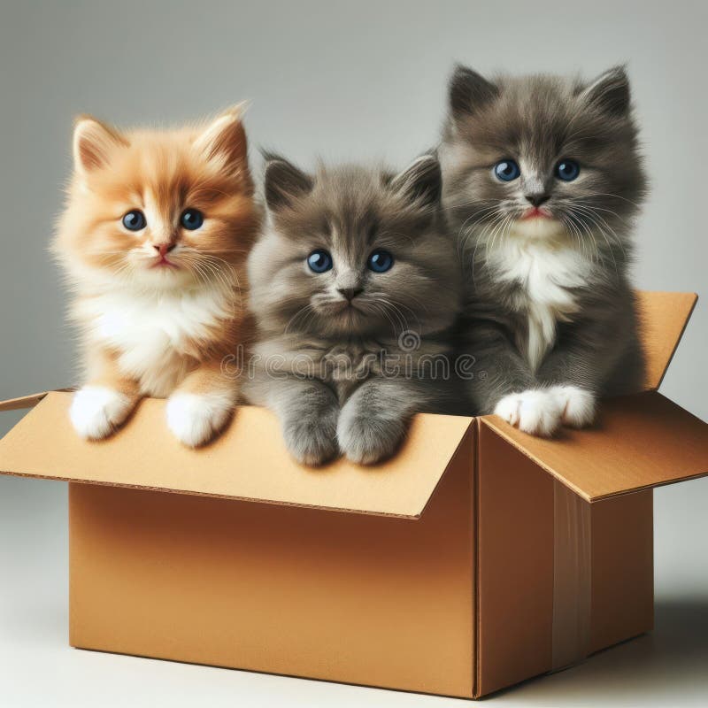 Three Small Kittens Peek Out of a Cardboard Box. Stock Photo - Image of ...